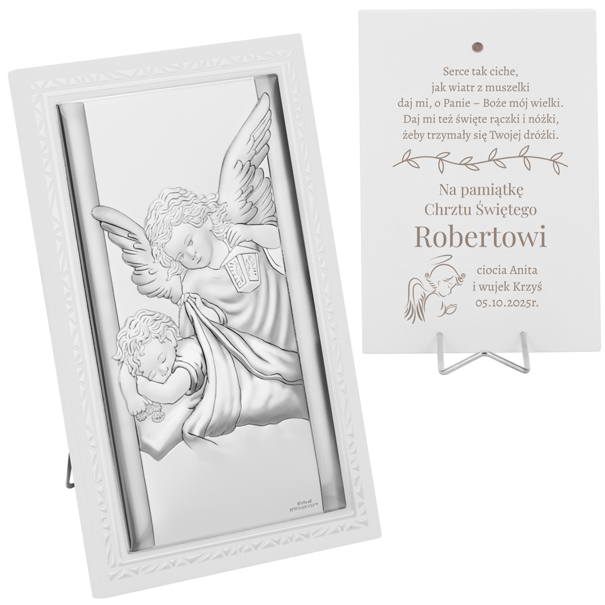 Obrazek Anioł Stróż Valenti – posrebrzany PVD (Miro-Silver) na białym ...