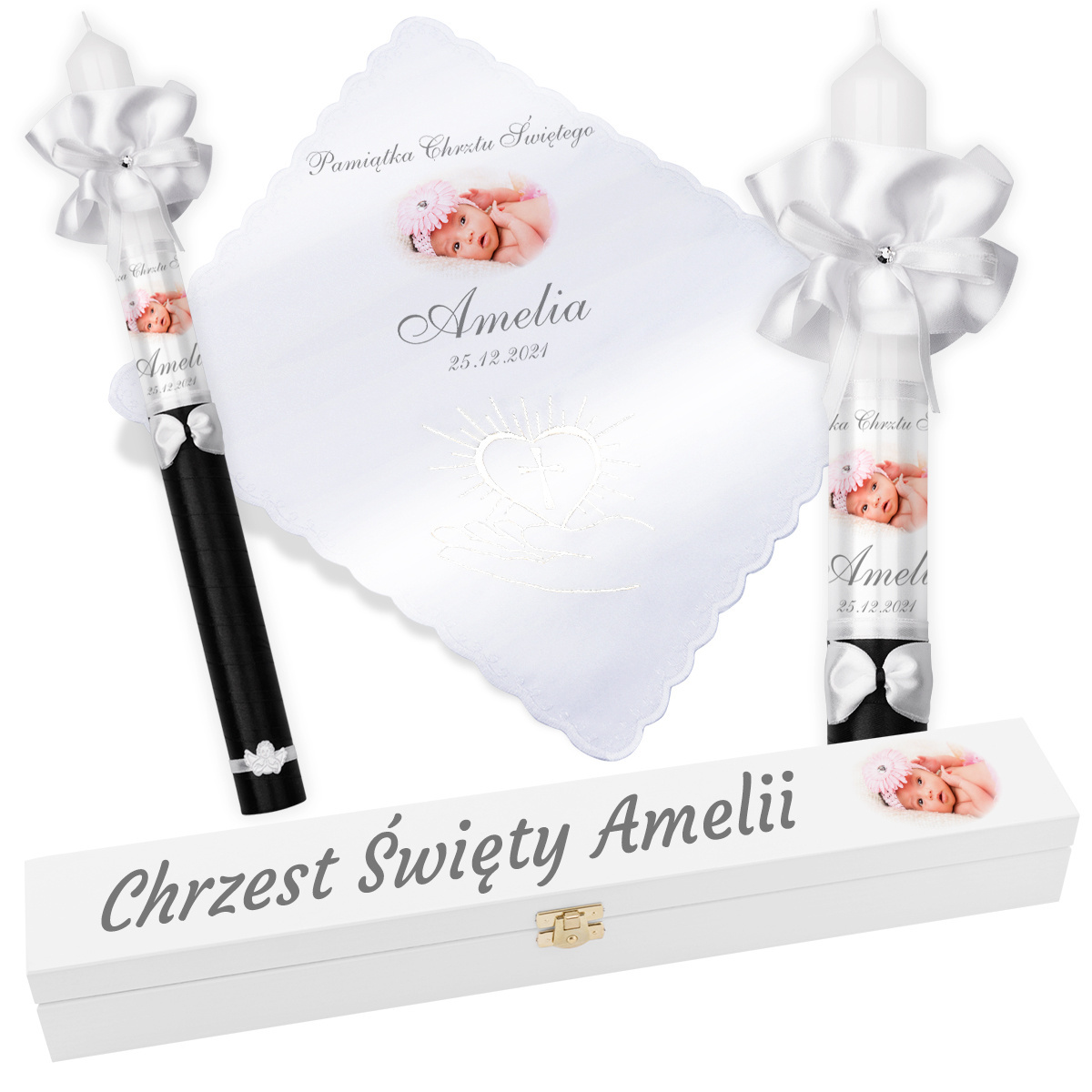 Świeca na chrzest z pudełkiem i szatką / Prezent Na chrzest ze zdjęciem dziecka / Prezent od ...